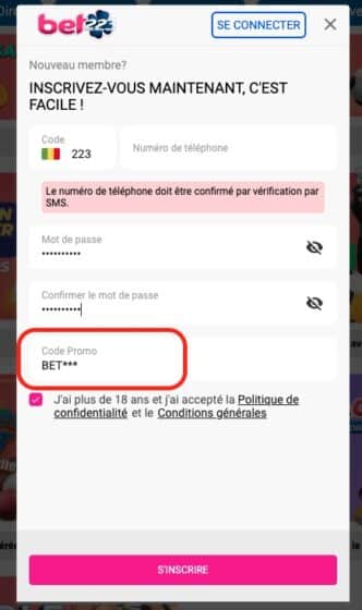 Code promo Bet223 Mali "BET***" : 10 000 CFA de bonus en 2024